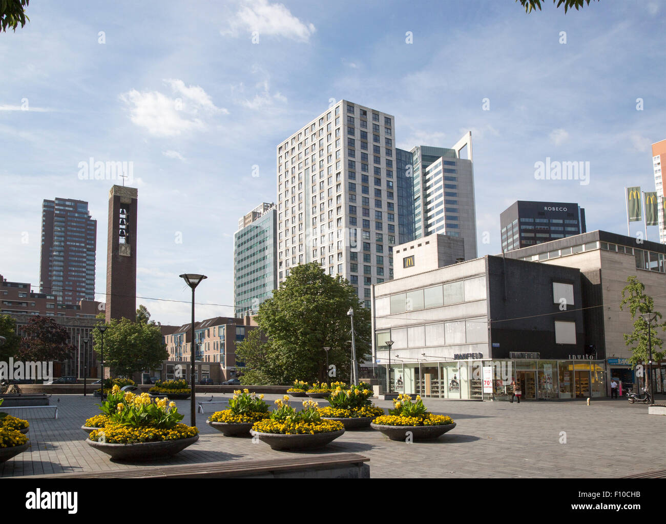 High rise modern office block buildings and shops in central Rotterdam ...
