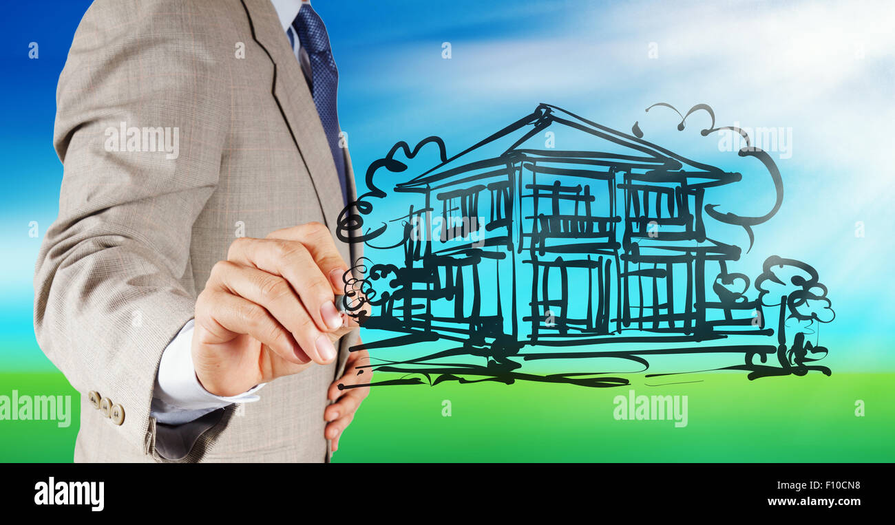 businessman hand drawing house on touch screen coumputer Stock Photo ...