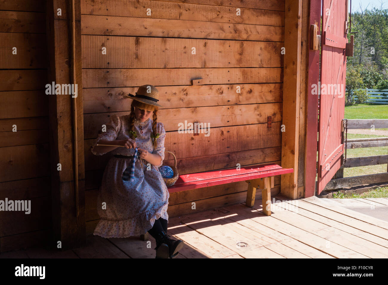 young female knitting farm girl barn Stock Photo - Alamy