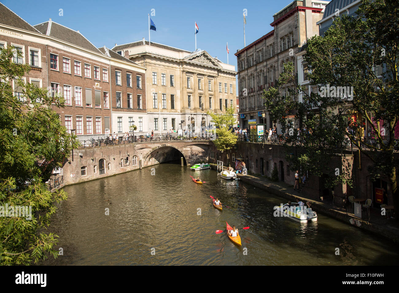 People kayaking near the Stadhuis, Oudegracht canal, Utrecht ...