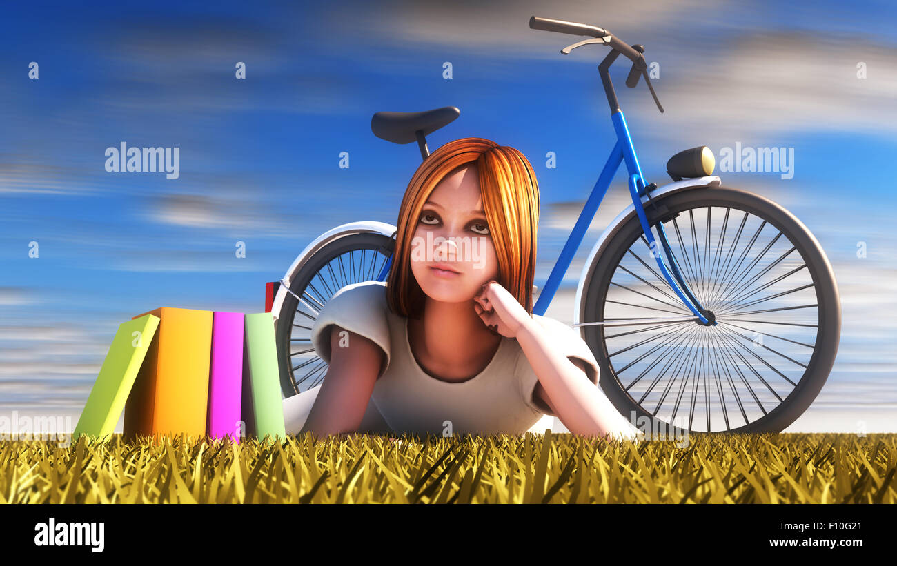 Young girl thinking with books on the floor Stock Photo - Alamy