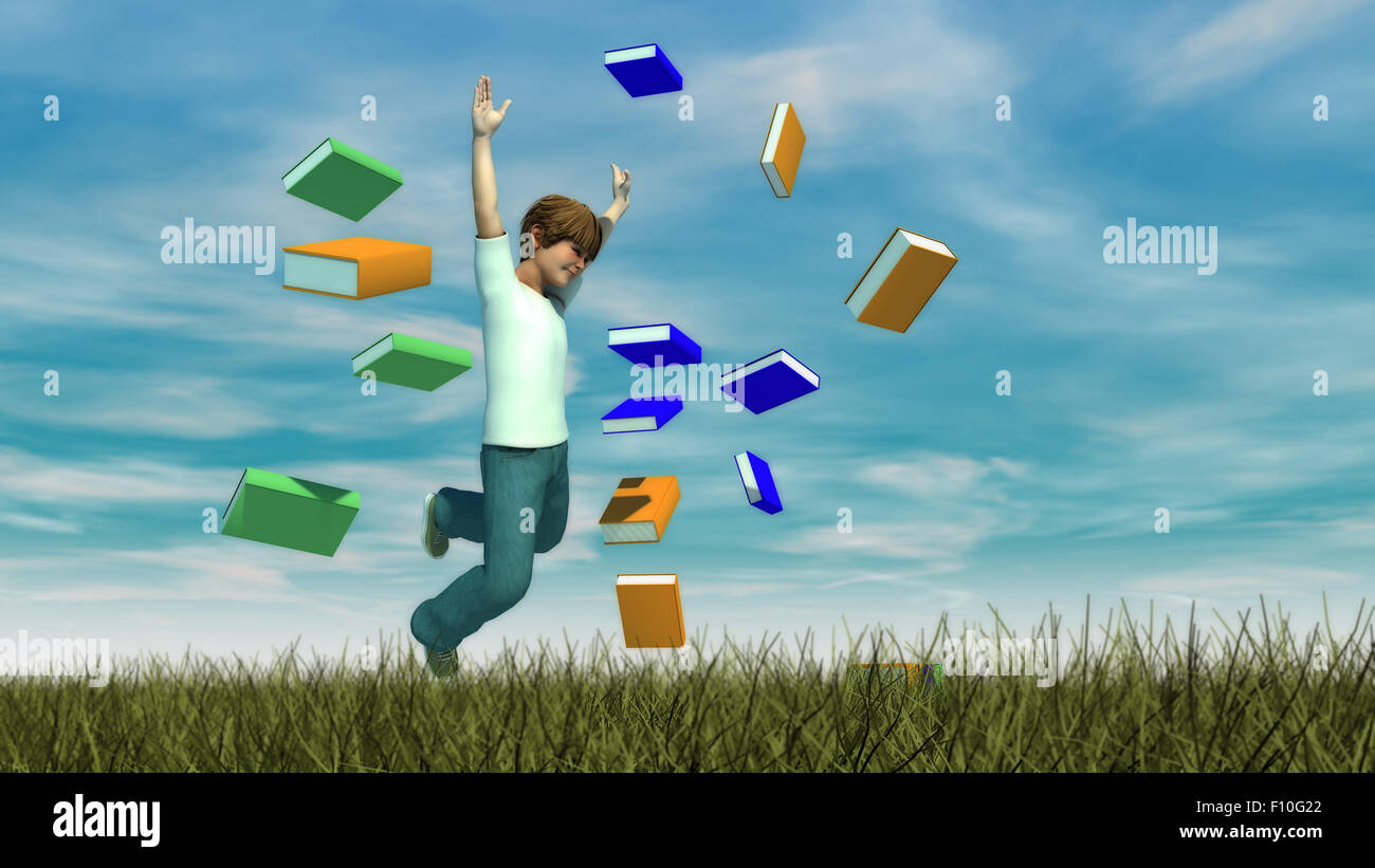 Young boy jumping on the grass with books Stock Photo - Alamy