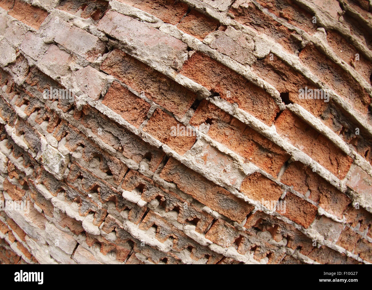 Fragment of the old wall of the destroyed bricks with wide angle ...