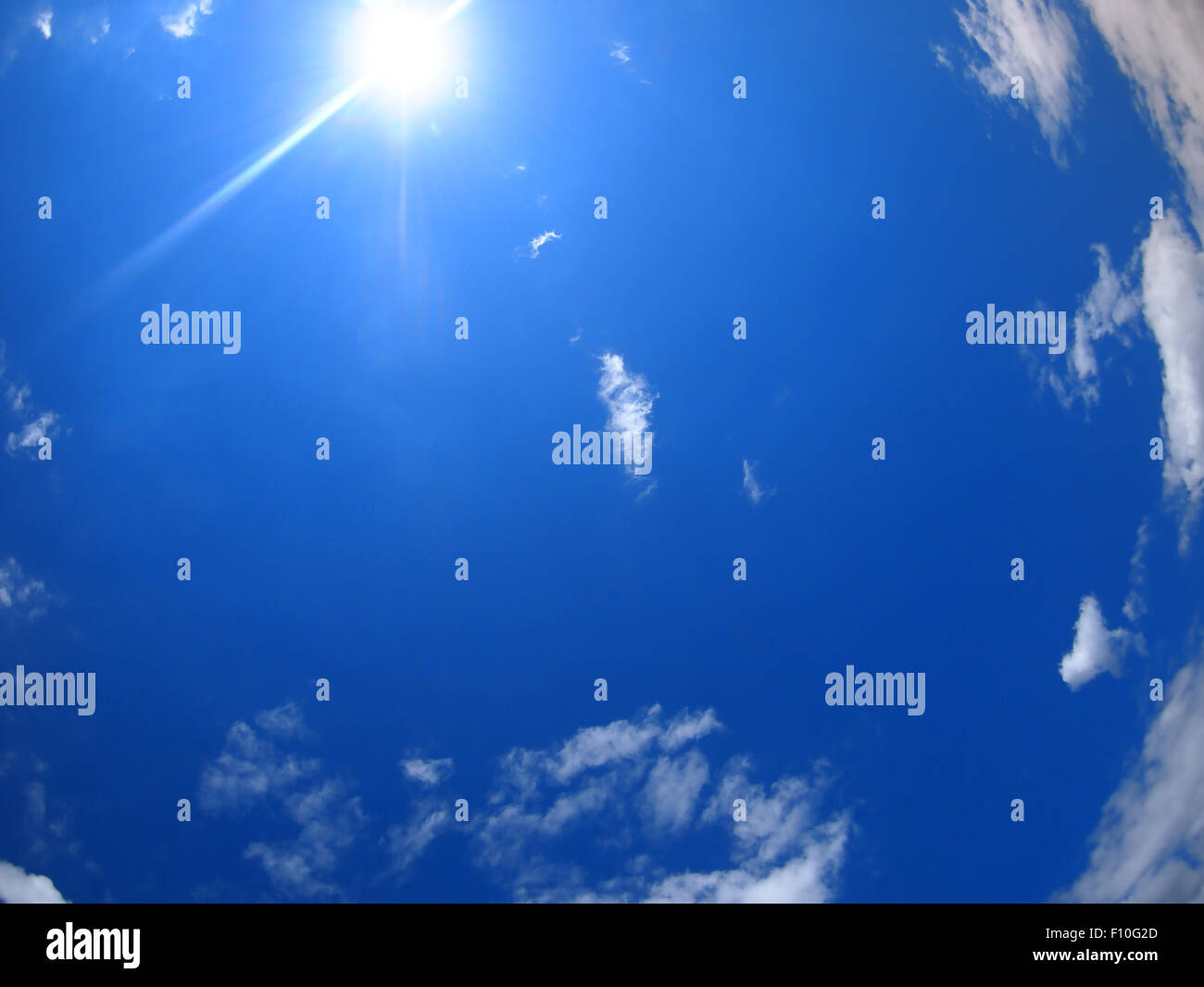 Only the blue sky with white clouds and sun with wide angle view Stock ...