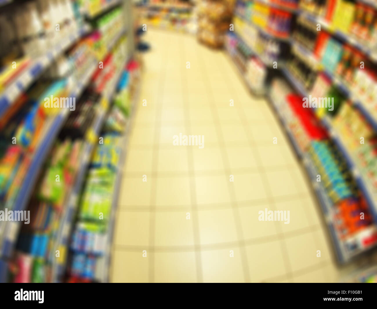 Long shelves with goods in a store household goods with wide angle ...