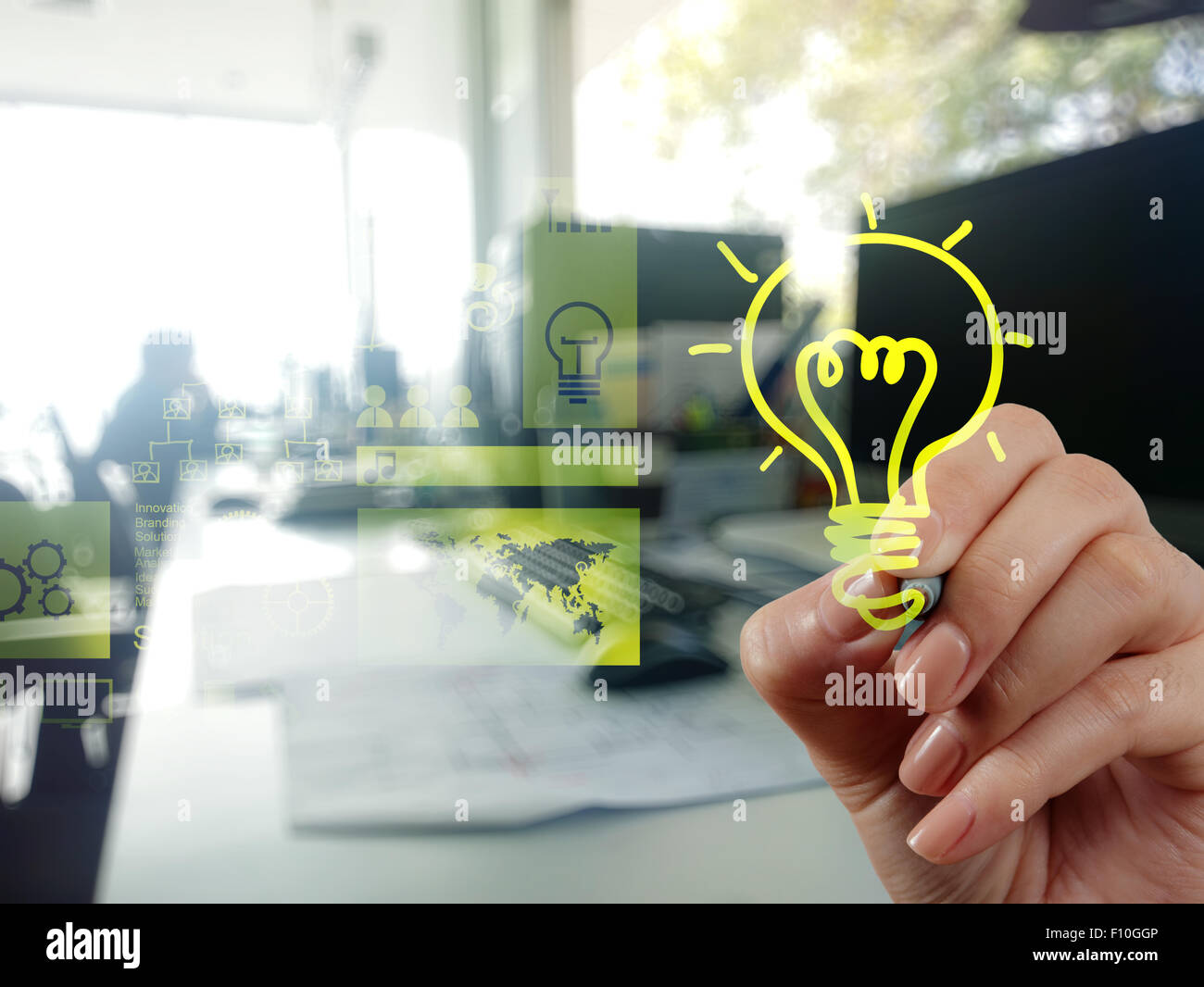 hand drawing creative business strategy with light bulb as concept ...