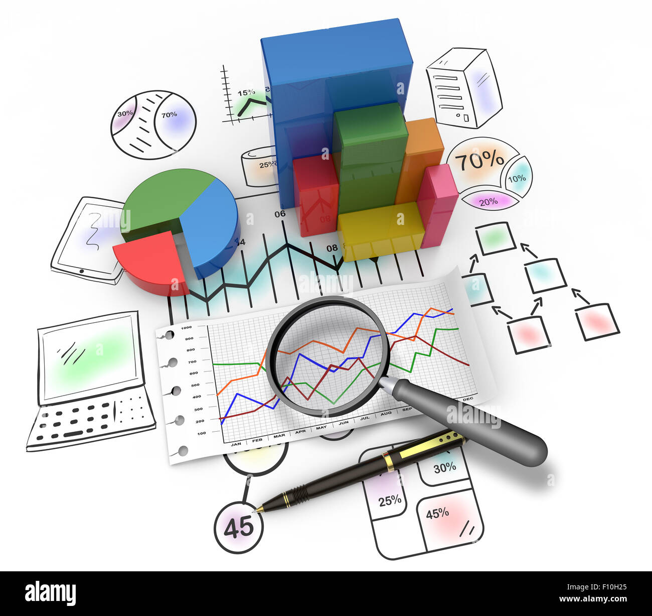 Magnifying glass and pen over graph as concept Stock Photo - Alamy