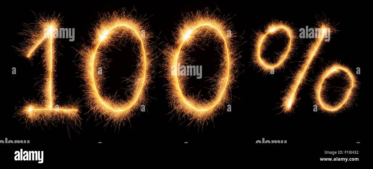 "100%" lettering drawn with bengali sparkles isolated on black ...