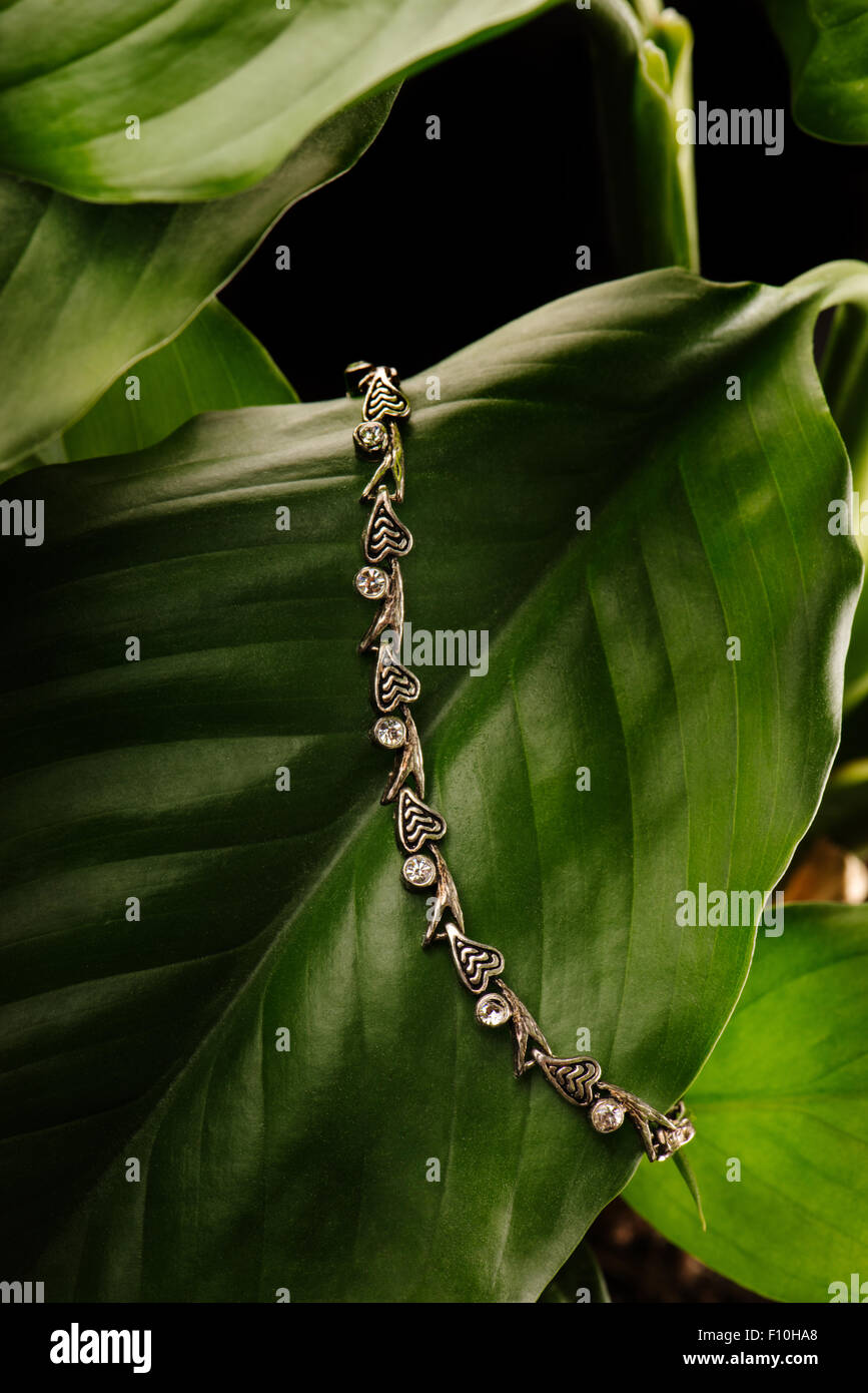A silver wristband with diamonds layung on a green leaf, on black ...