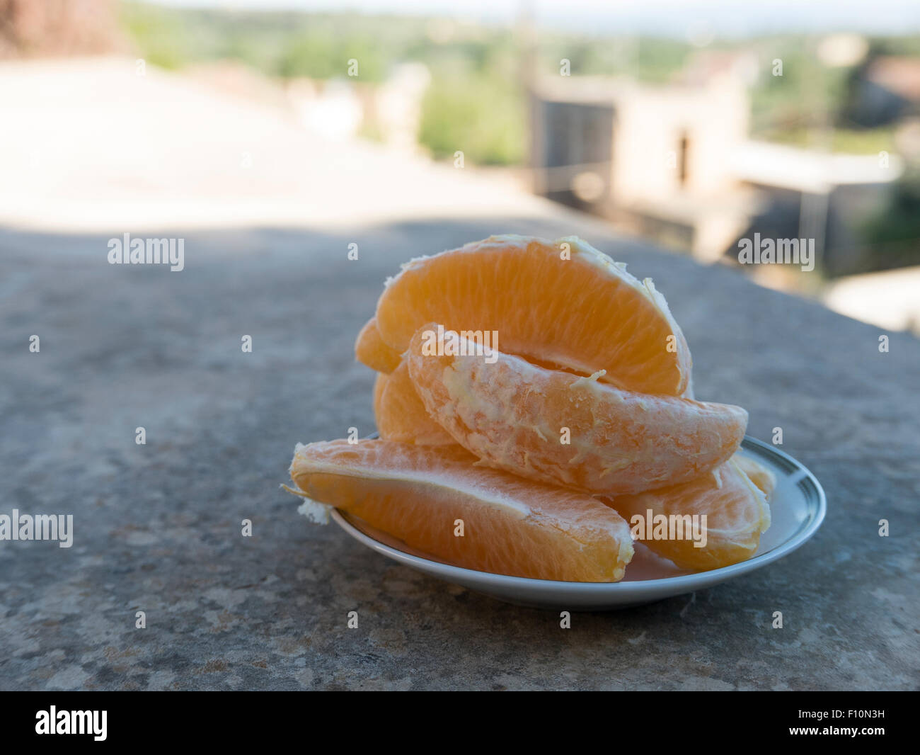 Orange segments from a freshly picked and peeled orange, Apokoronos ...