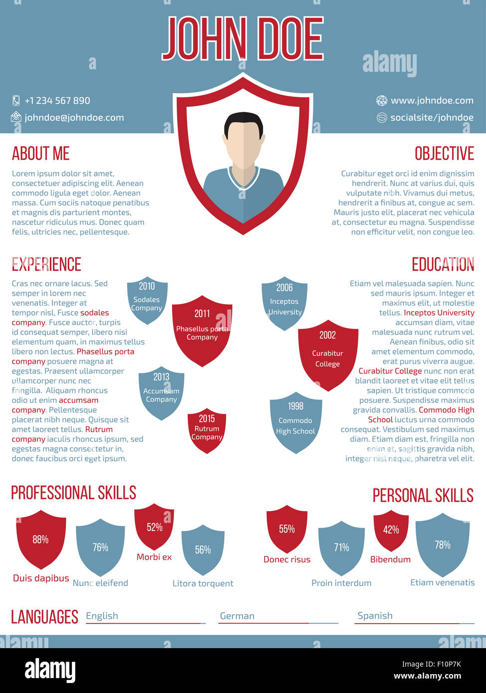 Modern curriculum vitae resume cv template design with shield shaped ...