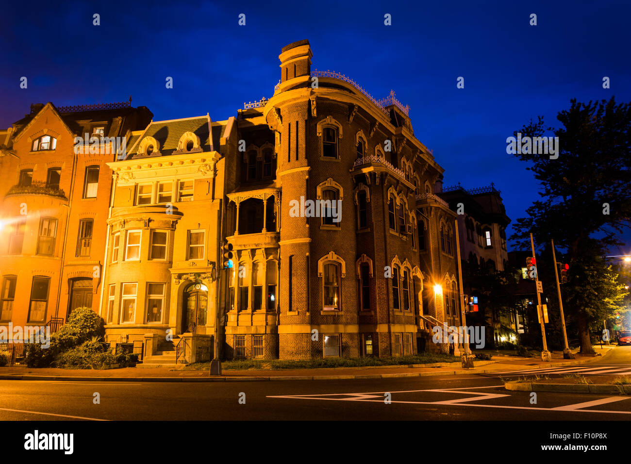 Historic row houses at Logan Circle at night, in Washington, DC Stock ...