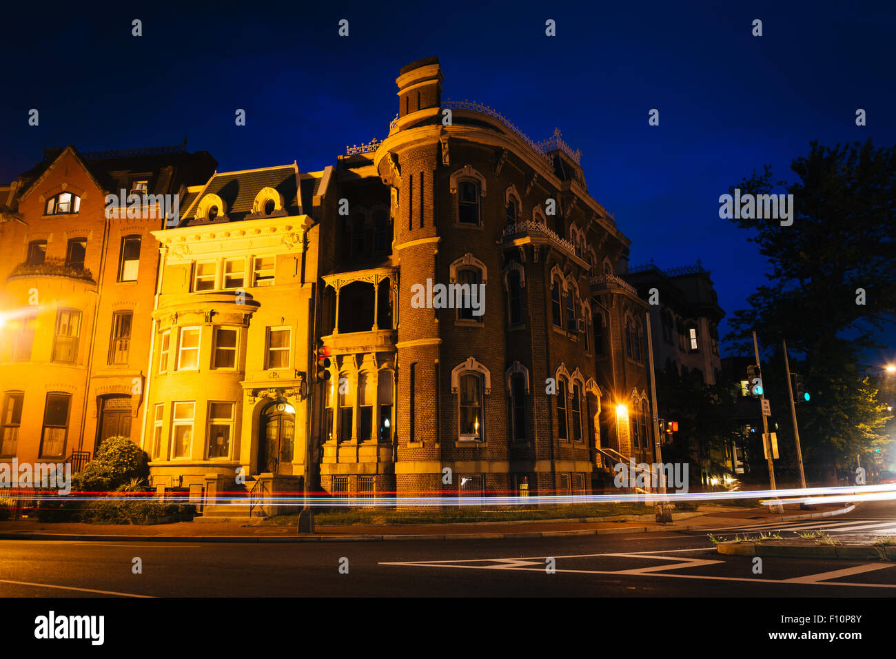 Historic row houses at Logan Circle at night, in Washington, DC Stock ...