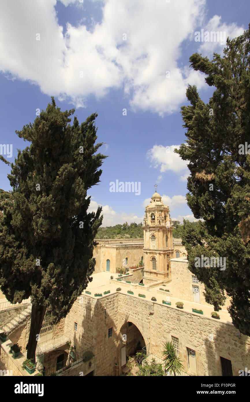Israel, Jerusalem, Cypress trees at the Greek Orthodox Monastery of the ...