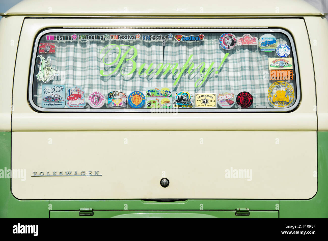 VW Volkswagen camper van rear end window with stickers Stock Photo - Alamy