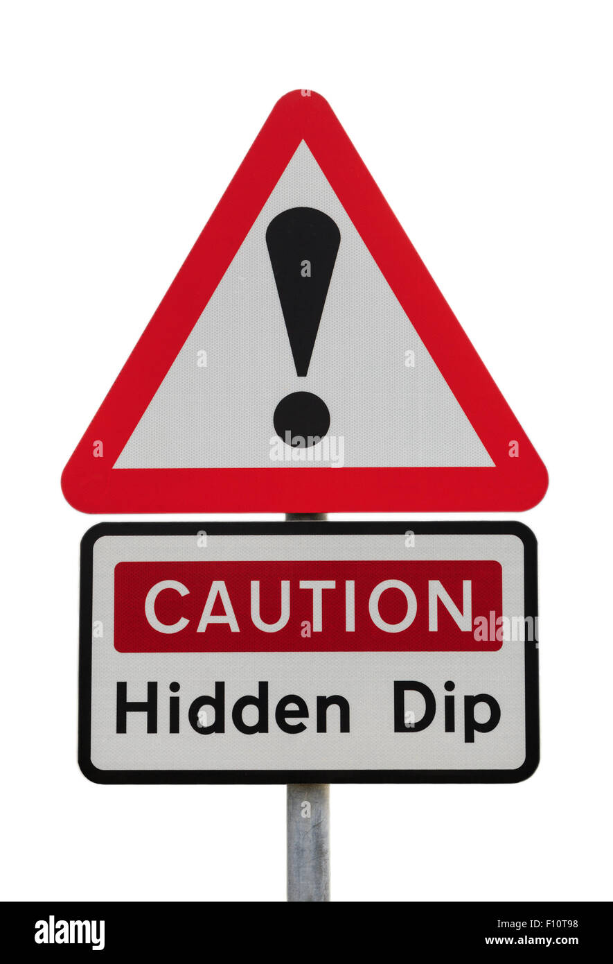 Triangular road sign warning Caution Hidden Dip with exclamation mark ...