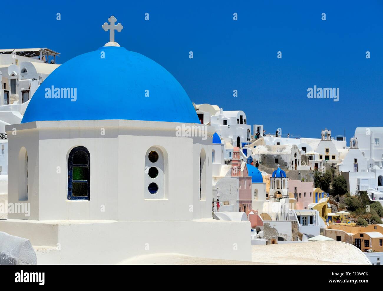 The iconic blue domed Churches on the island of Santorini,Greece Stock ...