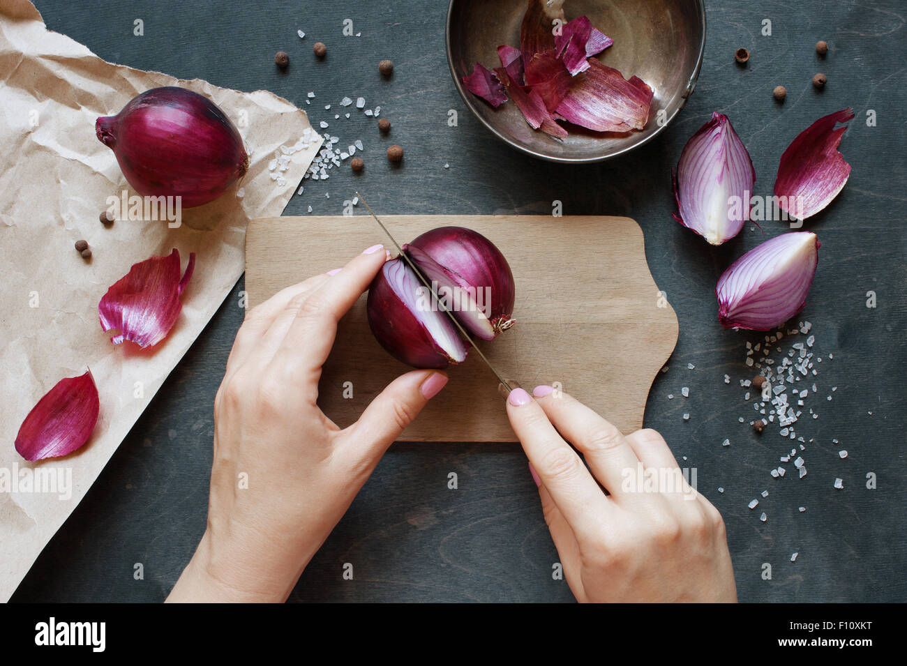 Cut onion with knife hi-res stock photography and images - Alamy