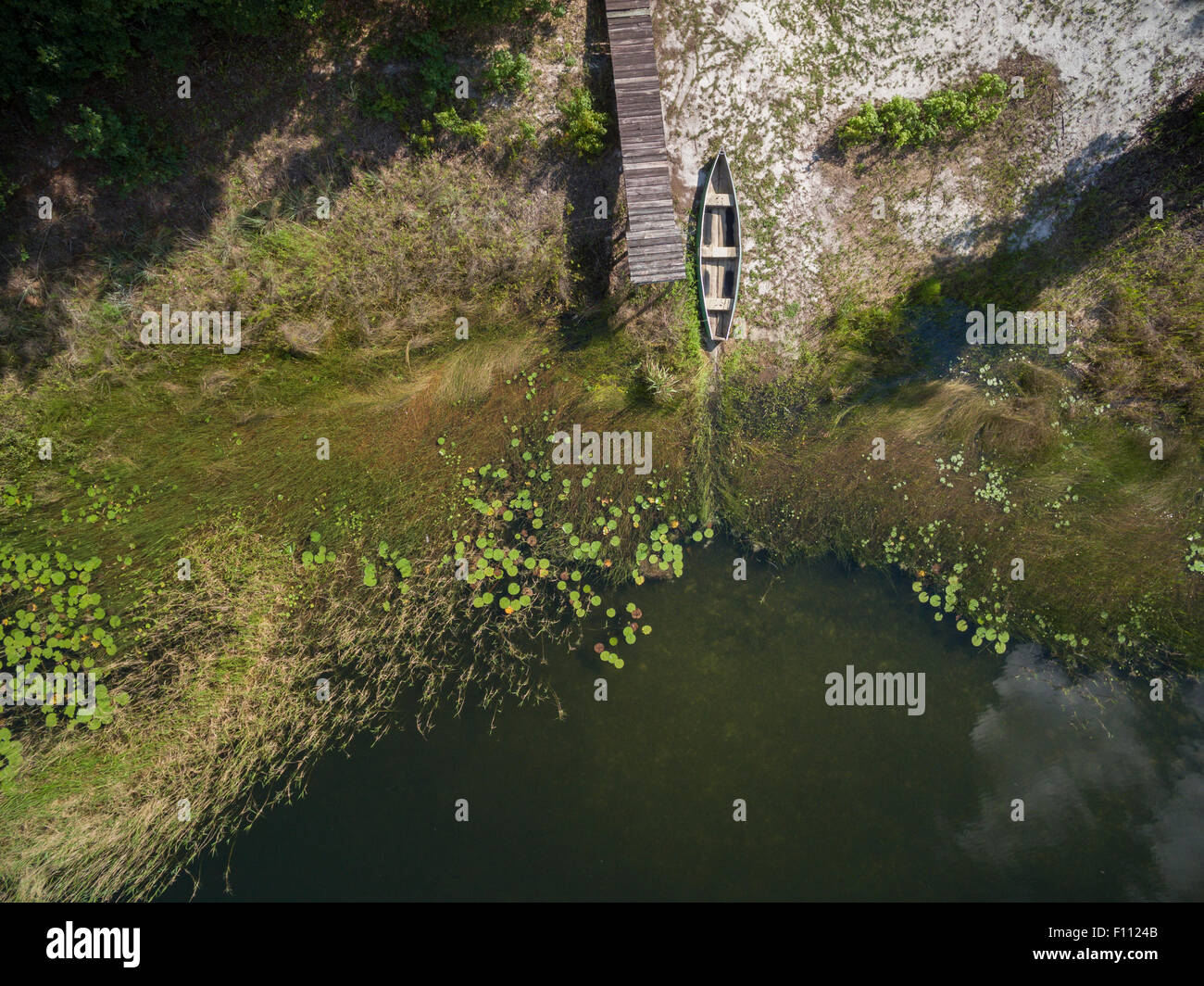 Overhead view of canoe and dock at lake shoreline Stock Photo - Alamy
