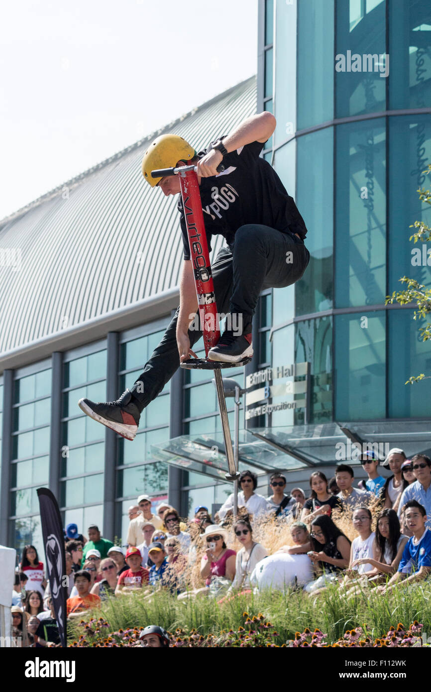 Male member of the Xpogo Stunt team does a jump at the Canadian ...