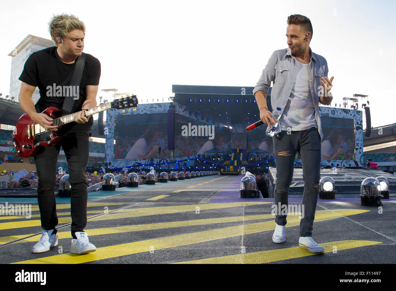 One Direction performing live on stage at Ullevi in Gothenburg ...