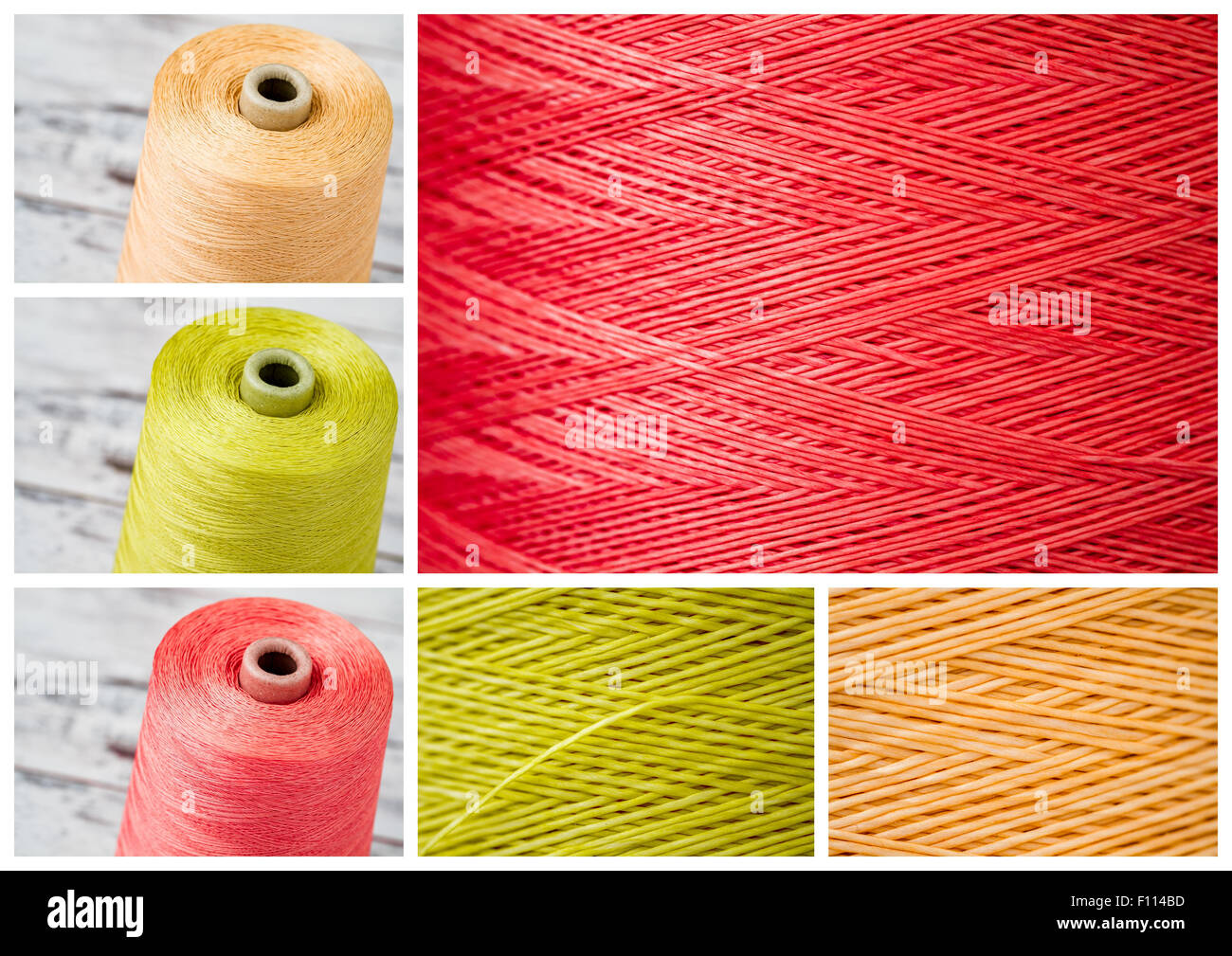 Collage from spools and close ups of synthetic colorful threads Stock ...