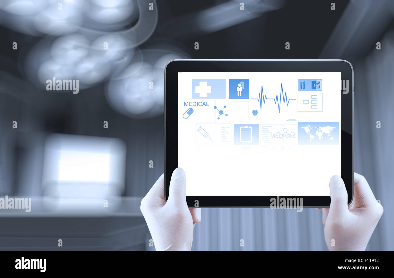 Medicine doctor hand shows tablet computer with medical computer ...