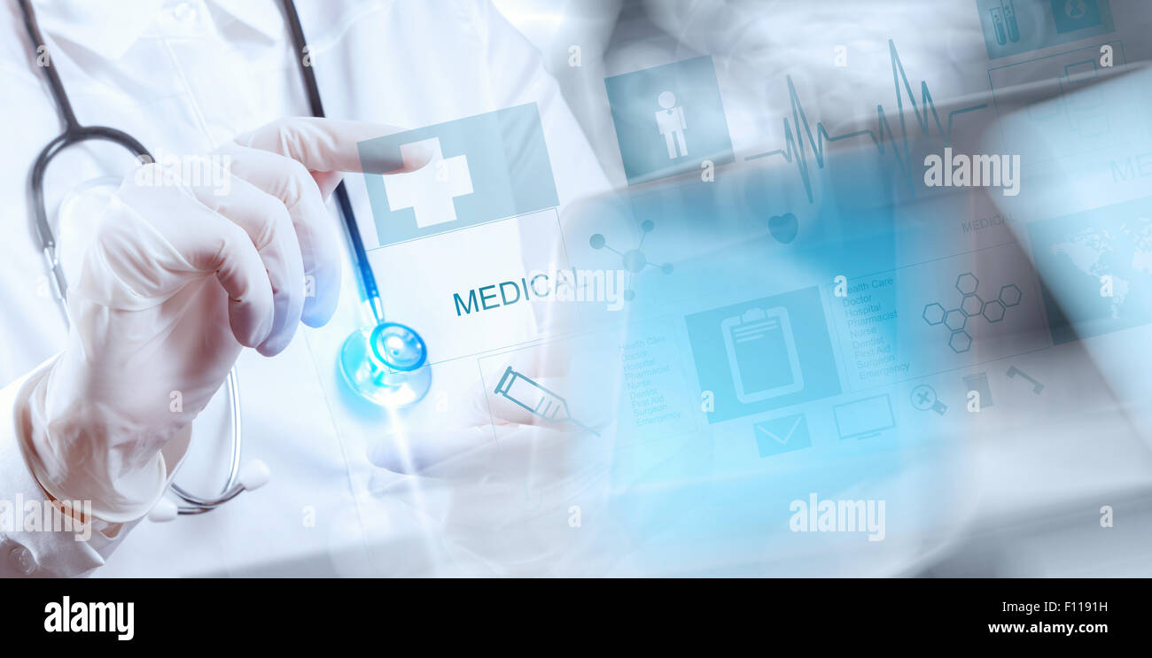 Medicine doctor hand working with modern computer interface as concept ...