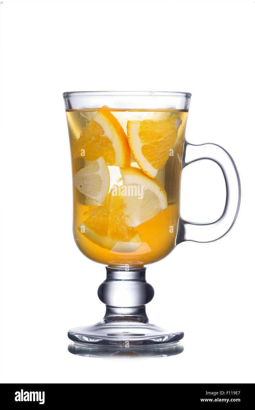 Traditional punch with sliced citrus fruits.Christmas hot beverage ...