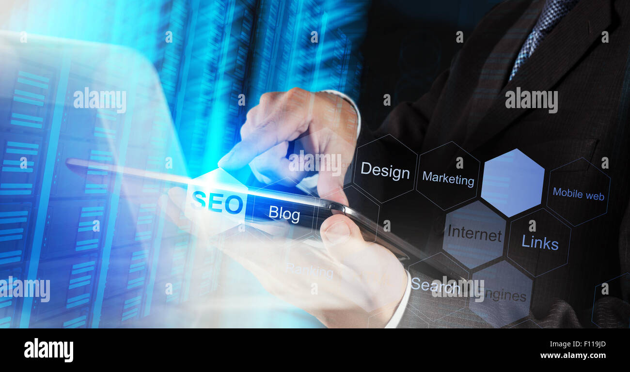 businessman hand showing search engine optimization SEO as concept ...