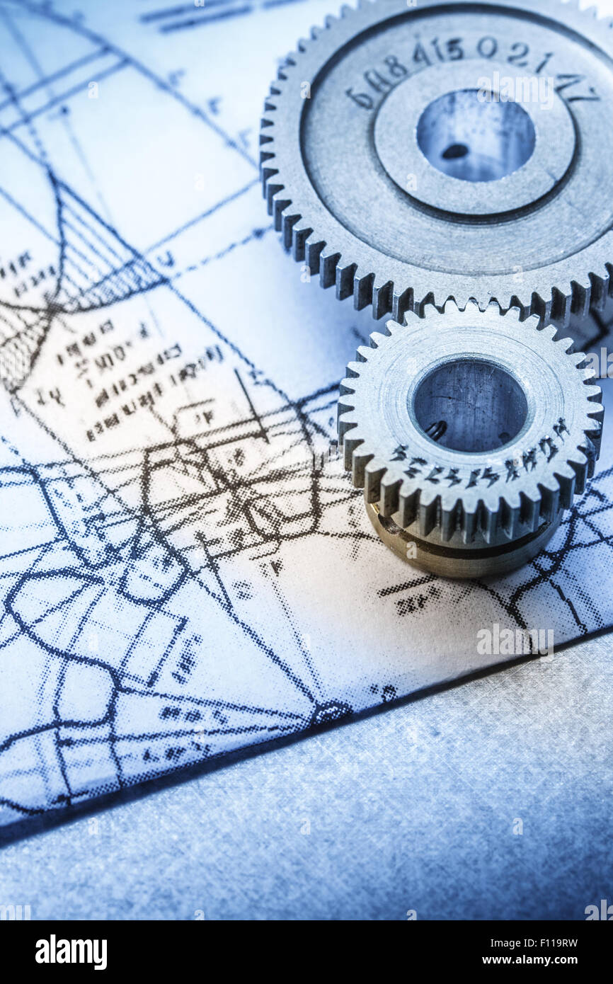 Steel cogwheels connected on drawing in toning Stock Photo - Alamy