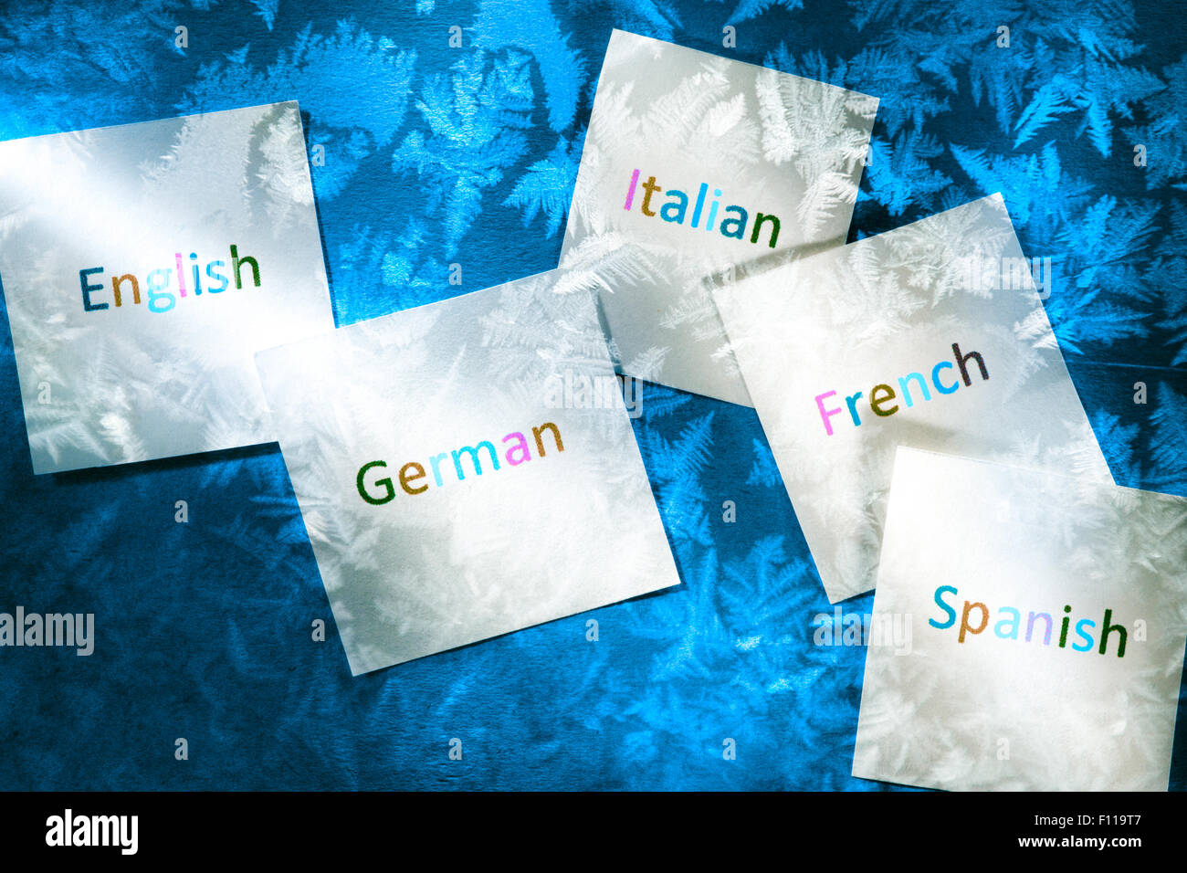 Cards with different languages in light and color Stock Photo - Alamy
