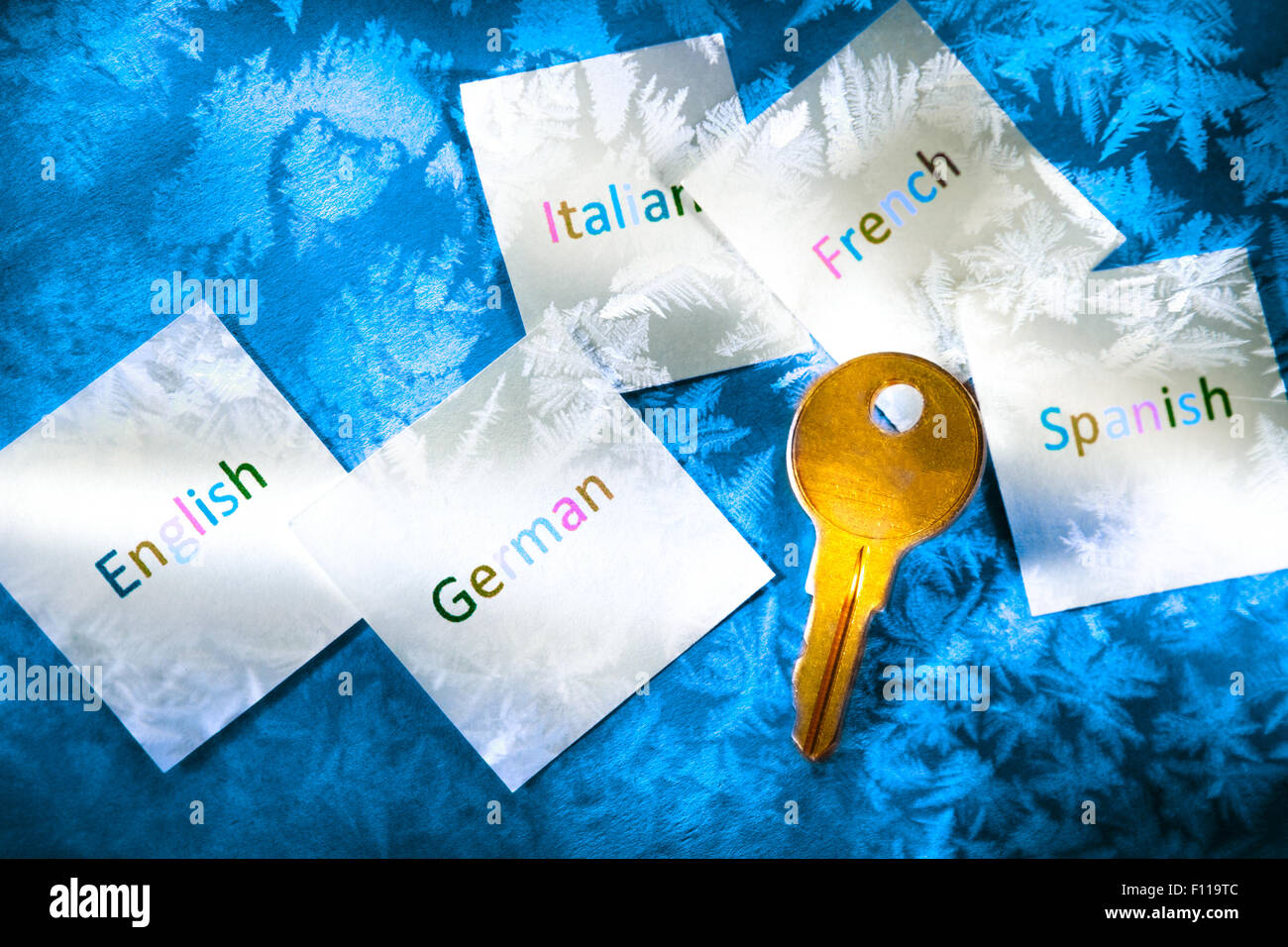 Cards with different languages and key in light Stock Photo - Alamy