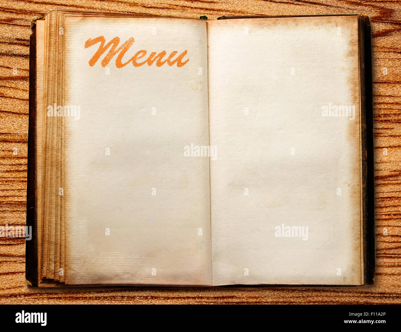 One ope blank vintage menu book on wood Stock Photo - Alamy