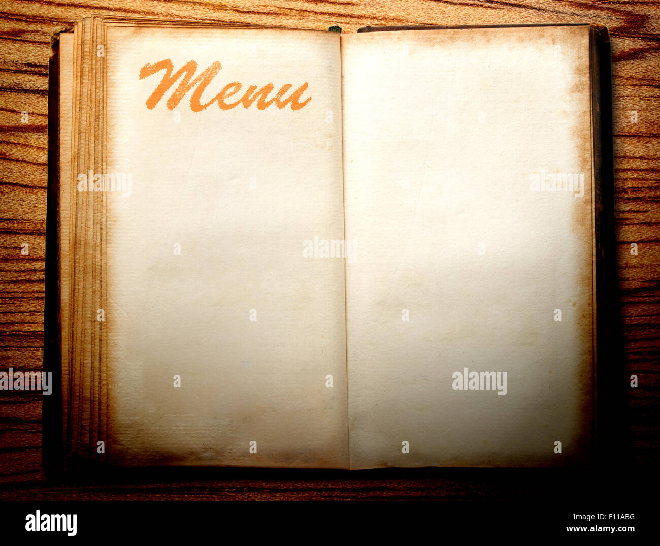 One open blank vintage menu book on wood Stock Photo - Alamy