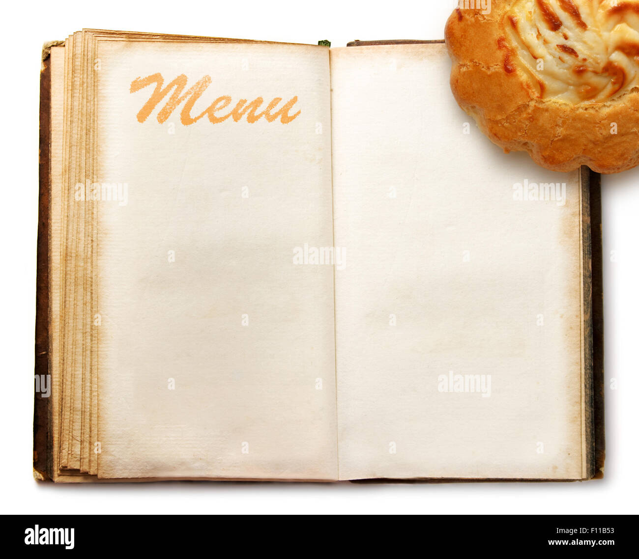 Blank vintage menu book with fresh cheese cake Stock Photo - Alamy