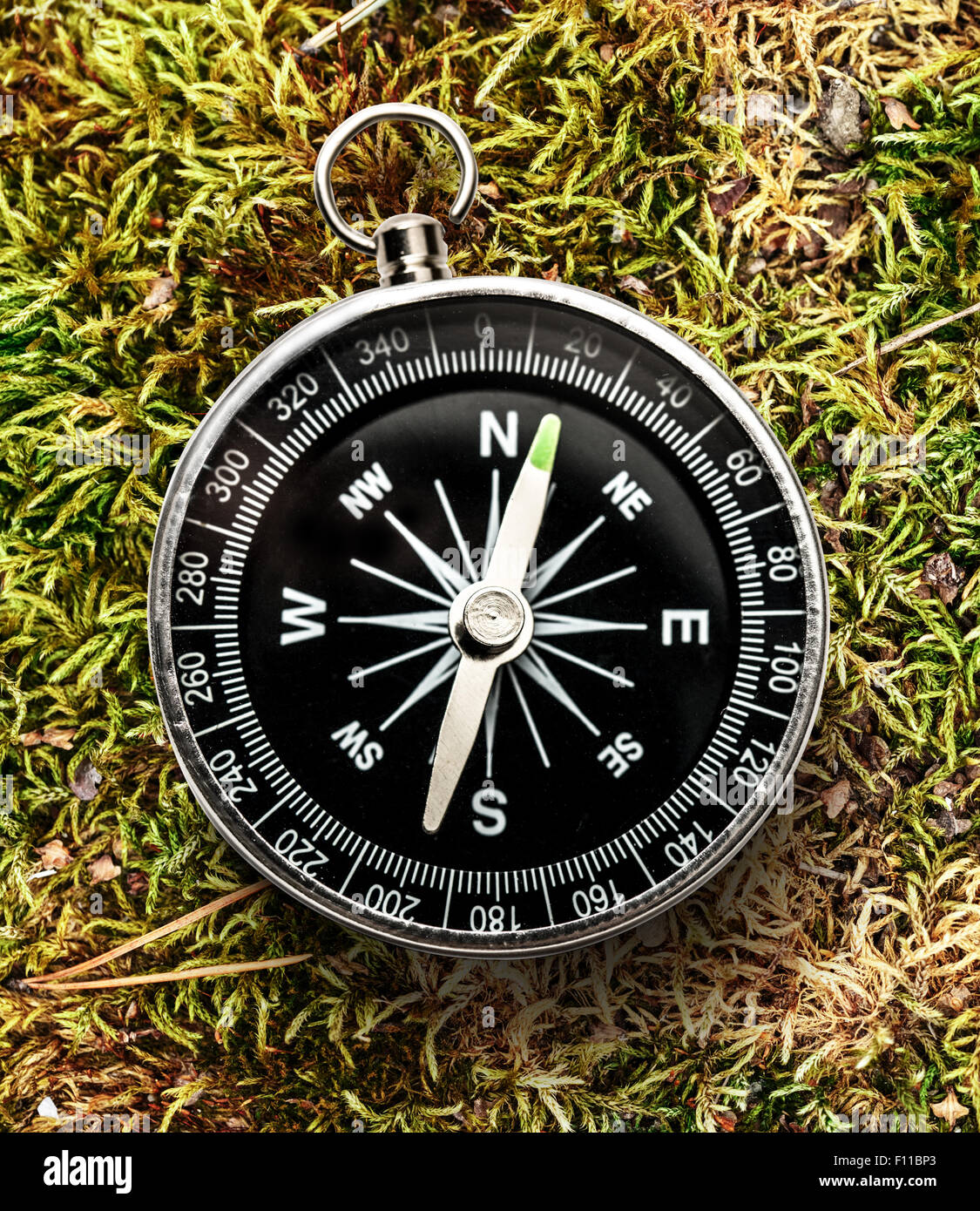 New black compass on grass in closeup Stock Photo - Alamy