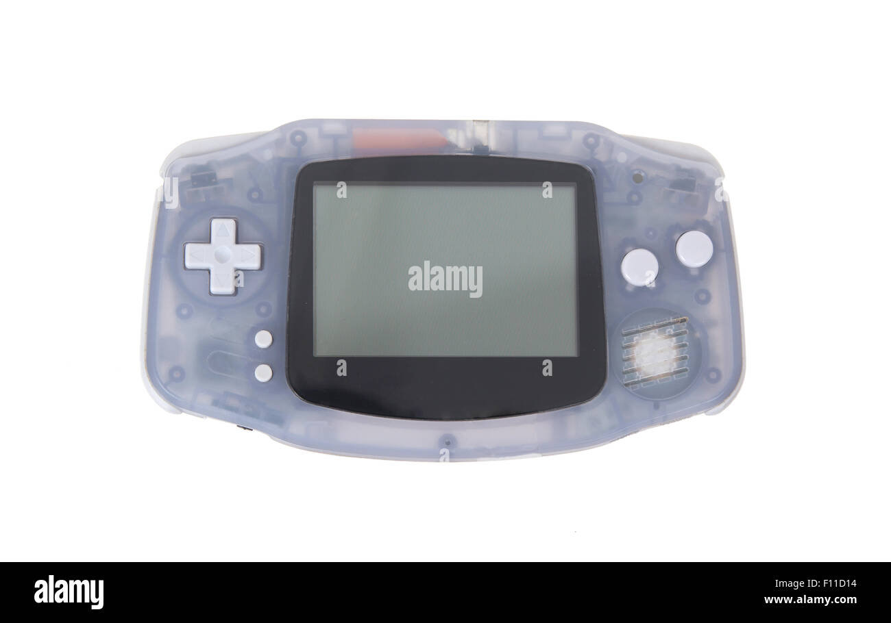 Old dirty portable game console with a small screen, isolated on white ...