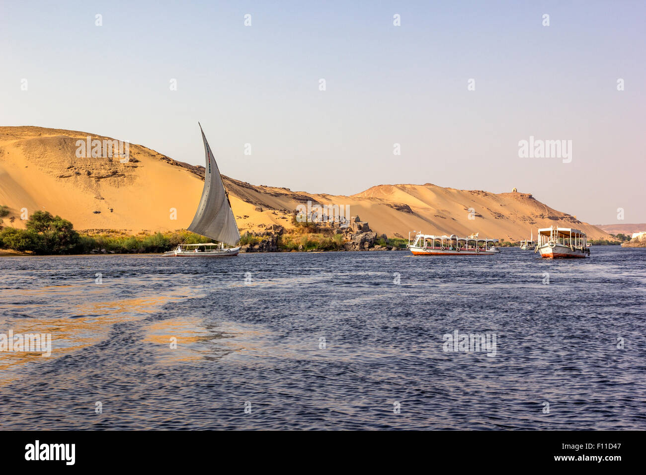 a vertical view of a Nile River scene with some boats, Egypt Stock ...