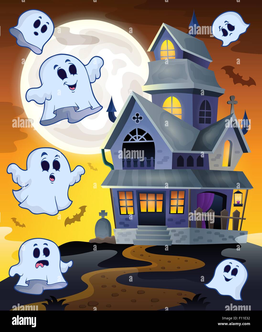 Ghosts flying around haunted house - picture illustration Stock Photo ...