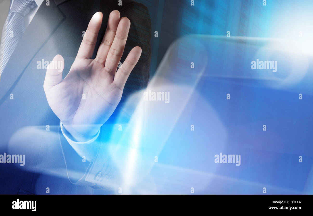 businessman hand pressing a touchscreen button on server background ...