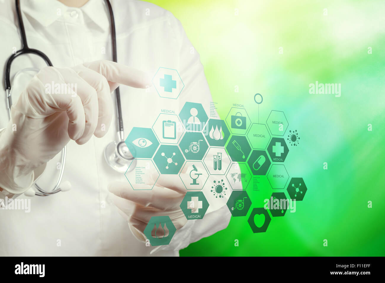 Double exposure of smart medical doctor working with nature background ...