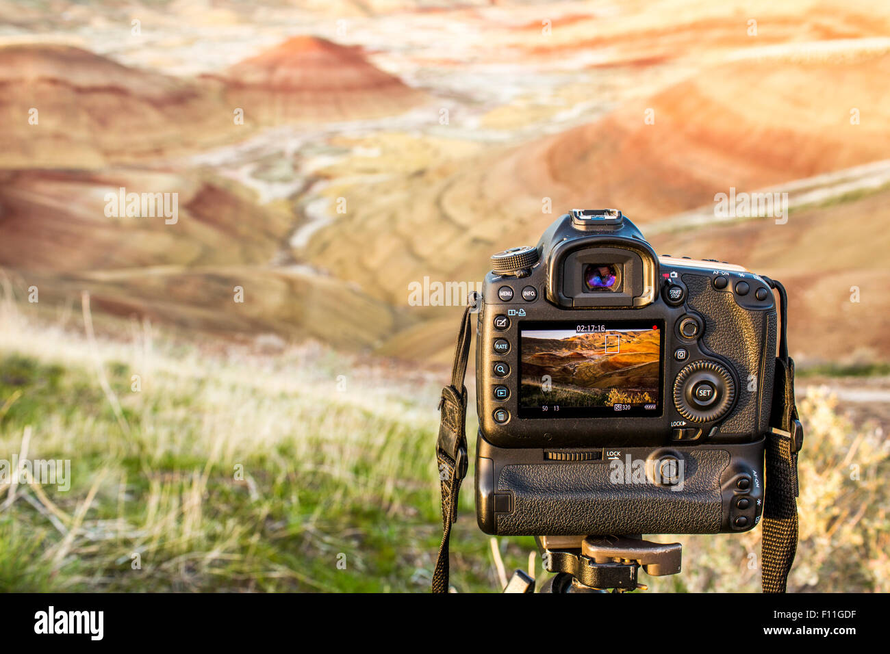 Camera photographing desert landscape, Painted Hills, Oregon, United ...