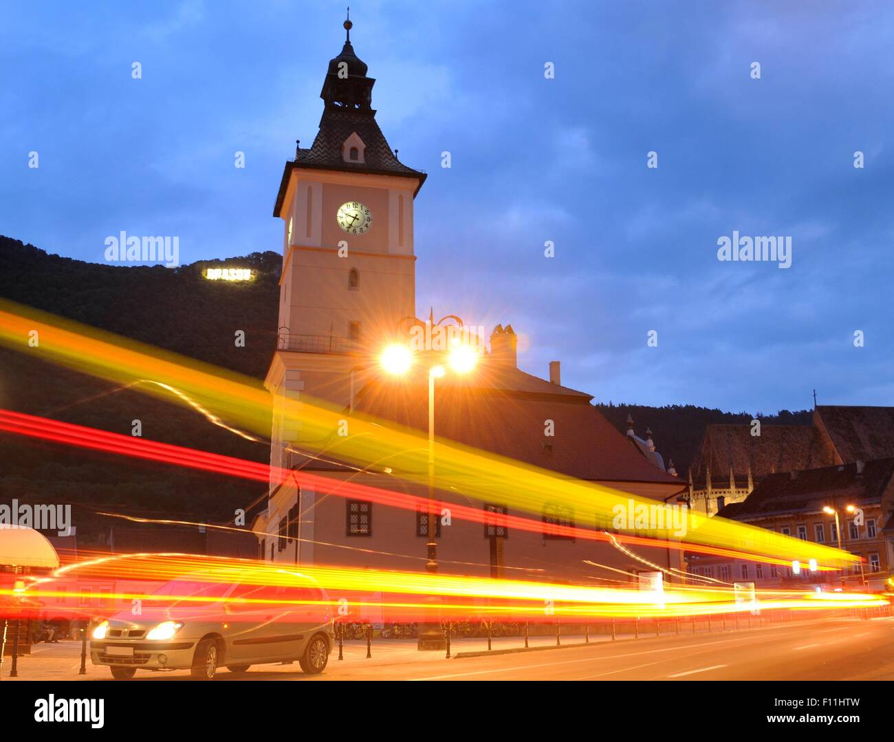 Brasov, Romania - June 28, 2015: Historic buildings overlook the main ...