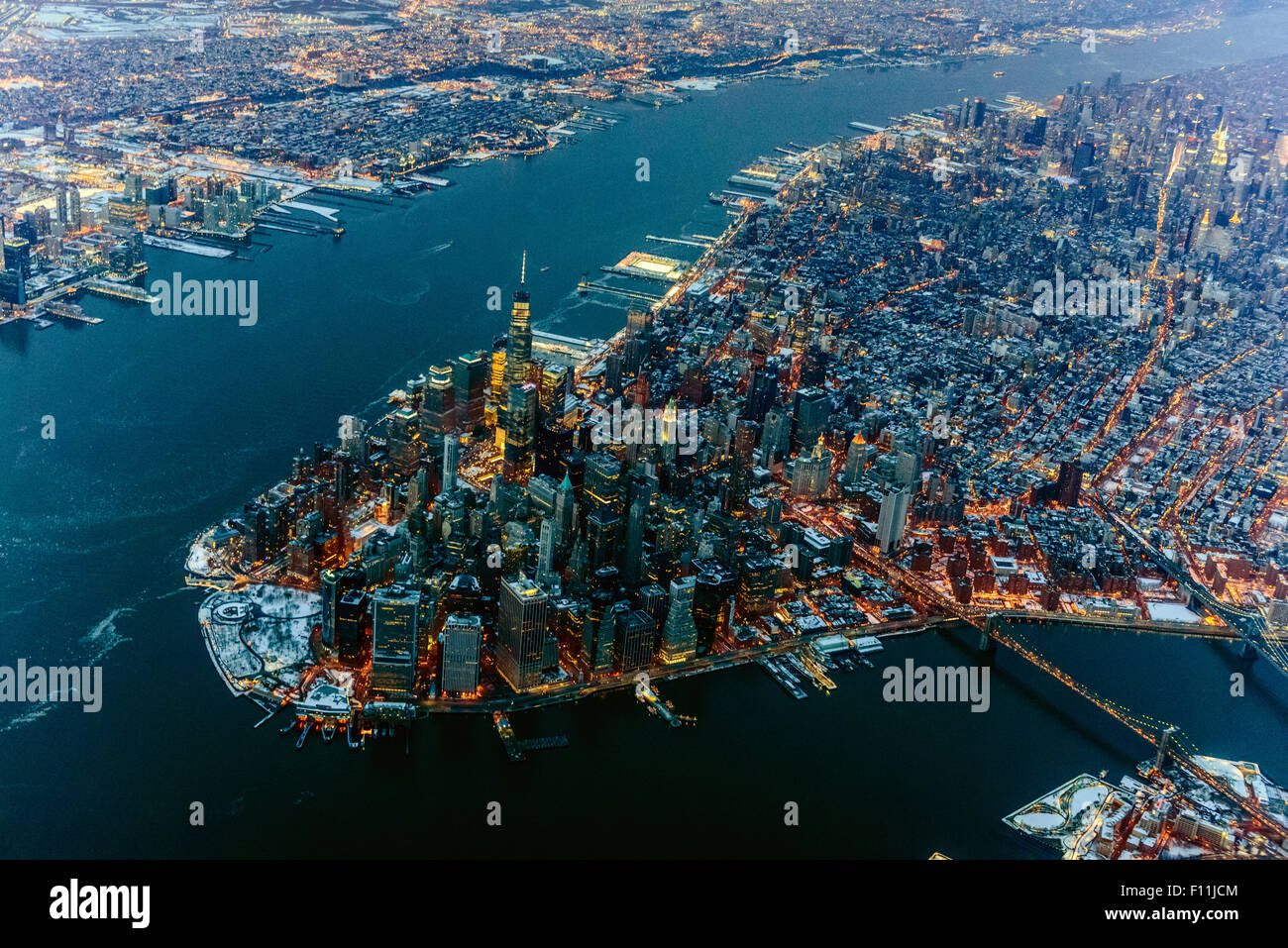 Aerial view of Manhattan cityscape and river, New York, United States ...
