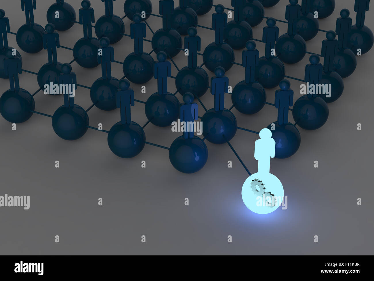 3d light growing human social network and leadership with cogs in side ...