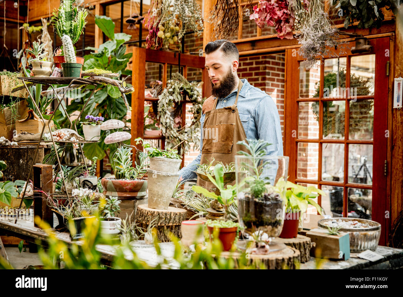 Caucasian employee with plants in nursery Stock Photo - Alamy