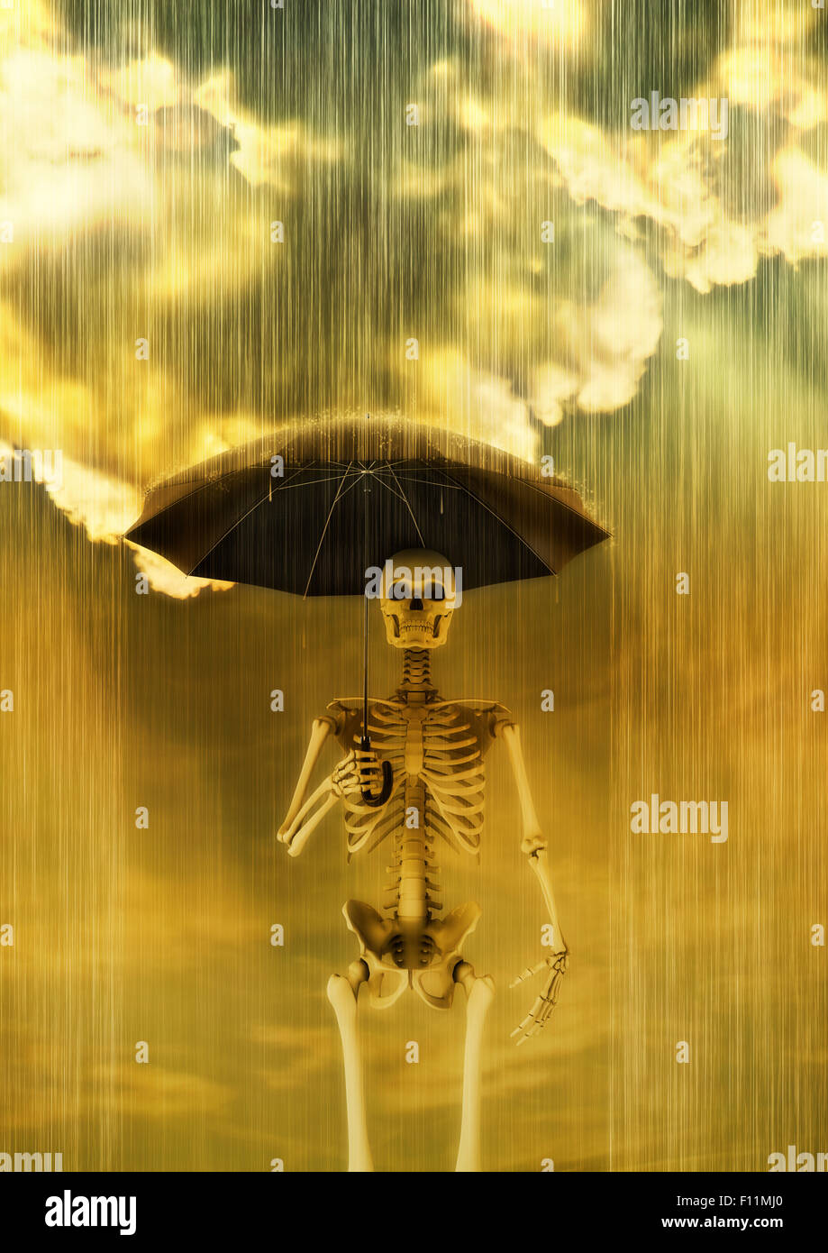 Acid rain, 3D render of skeleton holding umbrella in heavy rain Stock ...