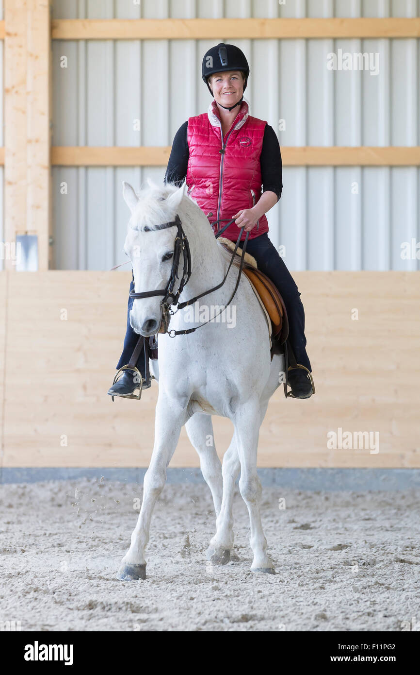 German Riding Pony Rider white pony performing half-pass Stock Photo ...