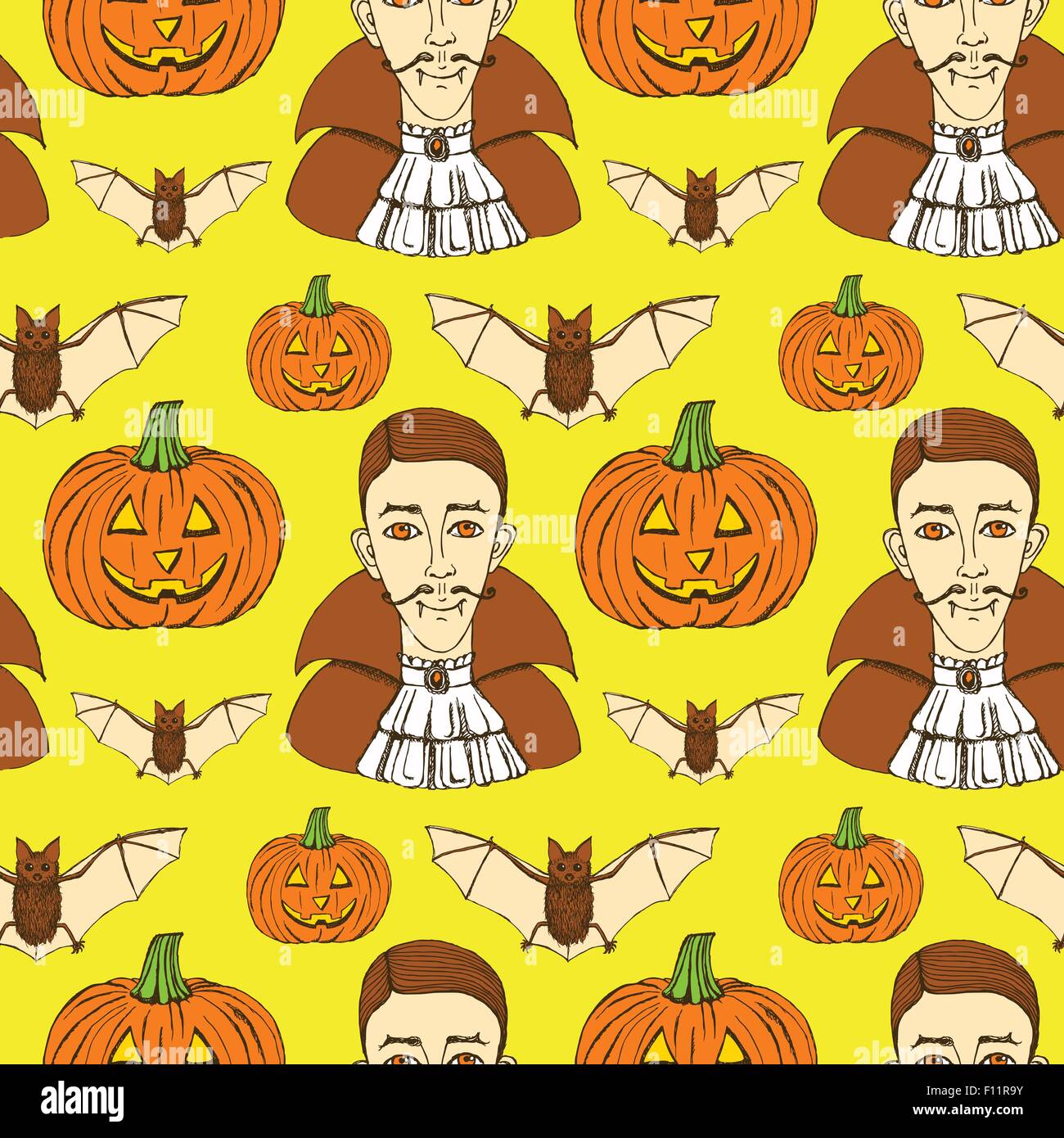 Sketch Halloween seamless pattern in vintage style, vector vampire ...